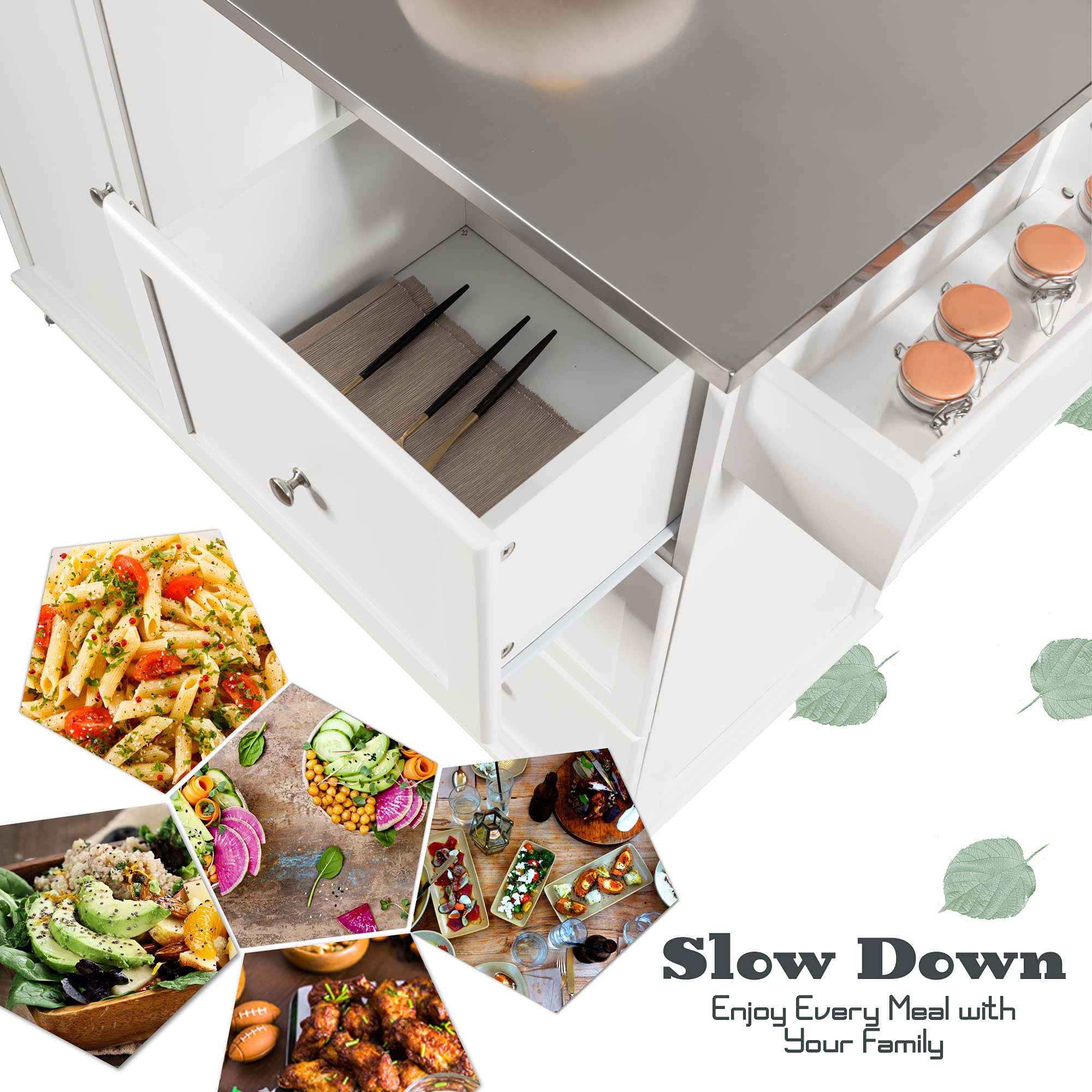 GLACER Kitchen Island Cart on Wheels, Rolling Kitchen Cart with Stainless Steel Countertop, Rolling Kitchen Island for Kitchen, Dining Room, Restaurant, 53 x 18 x 36 inches (White)