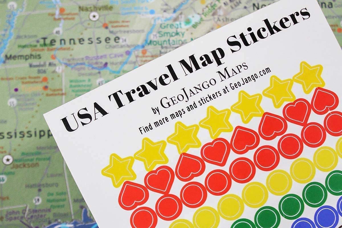 USA Travel Map Vinyl Sticker Set, 1 Sheet of 84 Stickers