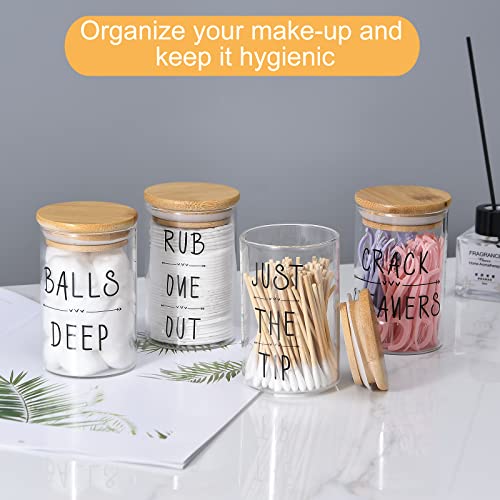 4 Pack Qtip Holder, 10 oz Bathroom Organization with Bamboo Lids, Clear Glass Farmhouse Qtip Holder for Bathroom Vanity, Great for Cotton Swabs, Cotton Ball, Floss, Bathroom Decor