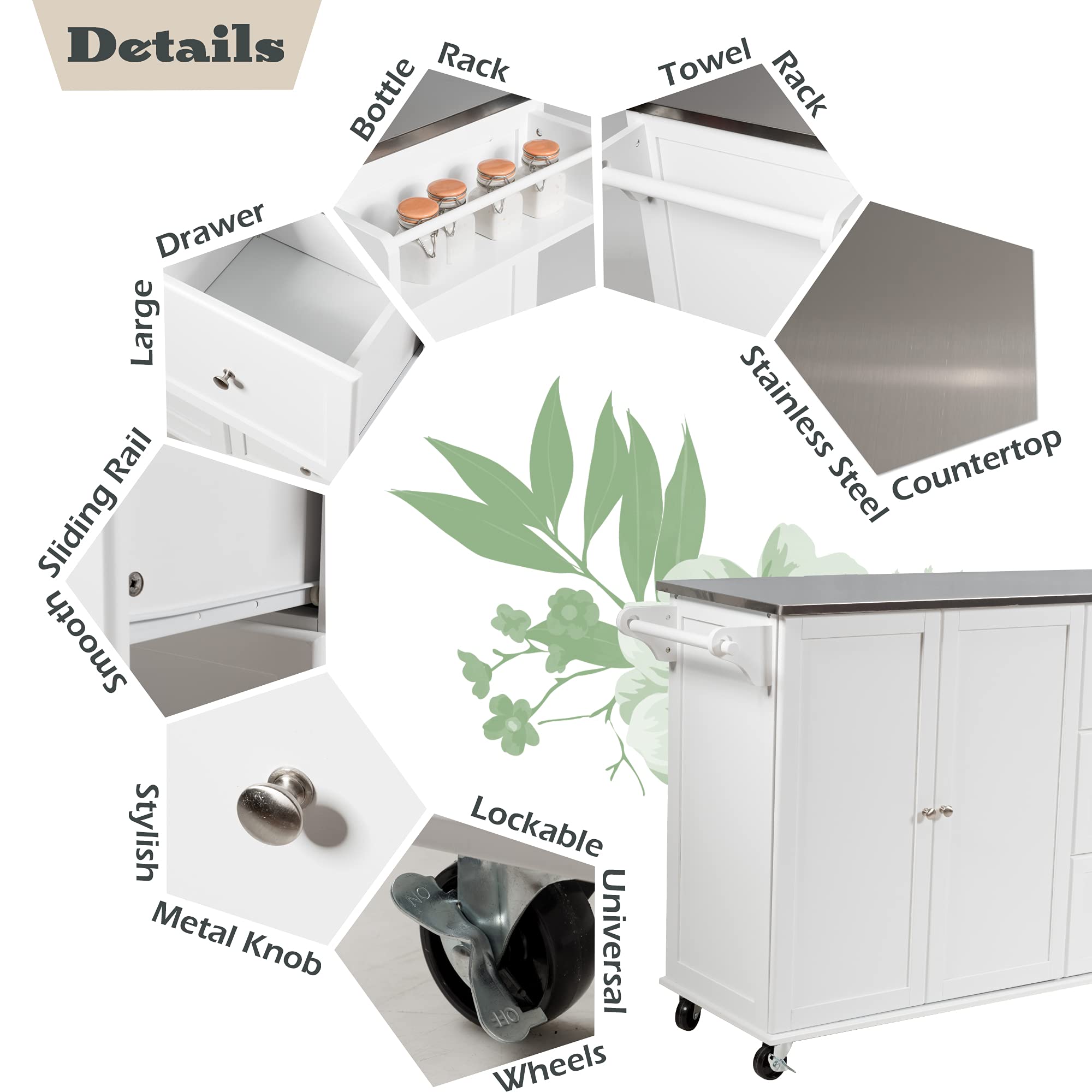 GLACER Kitchen Island Cart on Wheels, Rolling Kitchen Cart with Stainless Steel Countertop, Rolling Kitchen Island for Kitchen, Dining Room, Restaurant, 53 x 18 x 36 inches (White)