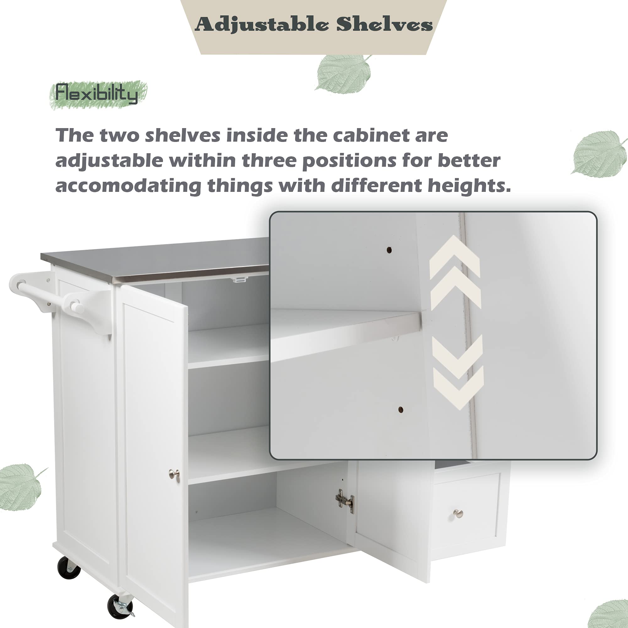 GLACER Kitchen Island Cart on Wheels, Rolling Kitchen Cart with Stainless Steel Countertop, Rolling Kitchen Island for Kitchen, Dining Room, Restaurant, 53 x 18 x 36 inches (White)