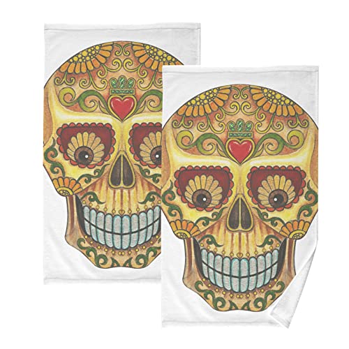 ALAZA Sugar Skull Art Day The Dead Hand Towels for Bathroom 1OO% Cotton 2 pcs Face Towel 16 x 28 inch, Absorbent Soft & Skin-Friendly