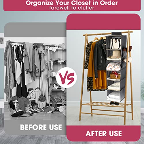 3 Pack Hanging Closet Organizers and Storage, 6 Shelf Hanging Clothing Shelves Collapsible Clothes Closet Organizer Storage Fabric Shelves with Side Pockets