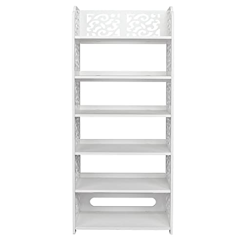 Stylish 6 Tier Wood-Plastic Shoe Rack Organizer with Carved Design - Elegant White Decorative Closet Shoe Storage Rack