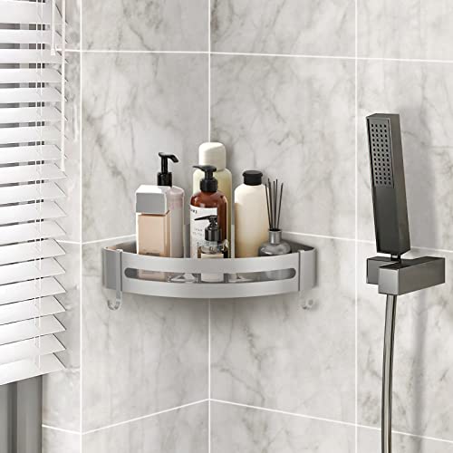 Shower Corner Shelf, Bathroom Shelves, Rustproof Thickened Aluminum , Wall Mounted No Drilling Triangle Shower Caddy Basket with Hook, Bathroom Shelf Organiser for Bathroom Kitchen ( 1 Pack, Silver )