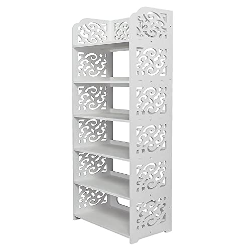 Stylish 6 Tier Wood-Plastic Shoe Rack Organizer with Carved Design - Elegant White Decorative Closet Shoe Storage Rack