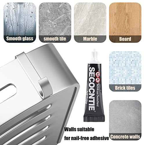 Shower Corner Shelf, Bathroom Shelves, Rustproof Thickened Aluminum , Wall Mounted No Drilling Triangle Shower Caddy Basket with Hook, Bathroom Shelf Organiser for Bathroom Kitchen ( 1 Pack, Silver )