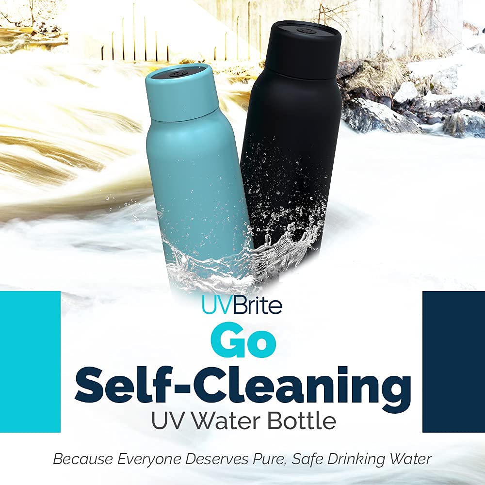 UVBRITE Go Self-Cleaning UV Water Bottle - 18.6 oz Insulated Stainless-Steel Rechargeable & Reusable Purifying Bottle - Sterilization & Travel-Friendly - BPA Free - Leakproof with Safety Lock (Cyan)