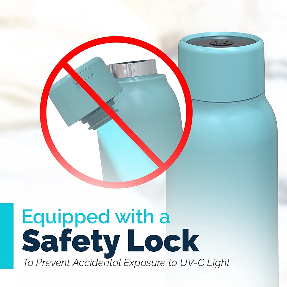 UVBRITE Go Self-Cleaning UV Water Bottle - 18.6 oz Insulated Stainless-Steel Rechargeable & Reusable Purifying Bottle - Sterilization & Travel-Friendly - BPA Free - Leakproof with Safety Lock (Cyan)