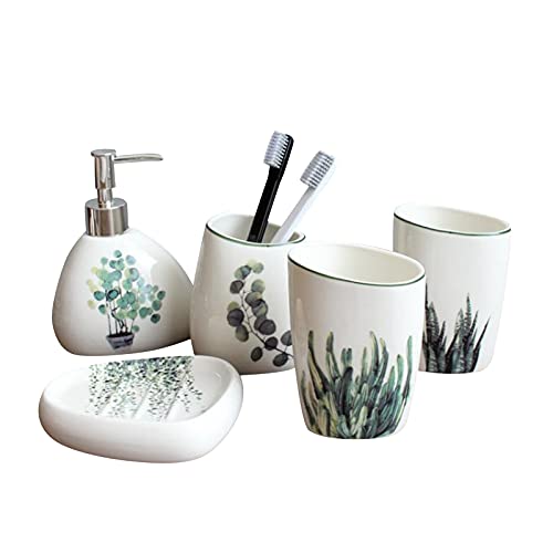 Marble Bathroom Accessories Set - 4 Piece Ceramic Bath Accessory Complete Set Luxury Bath Accessory with Soap Dispenser, Toothbrush Holder, Tumbler, Soap Dish (Green Leaf 2（4Pcs）)
