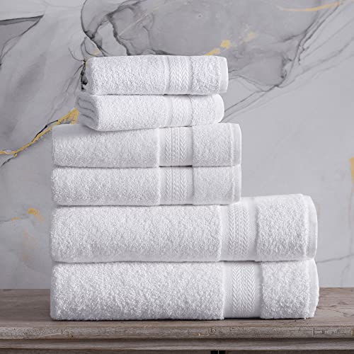 REGAL RUBY, 6 Piece Towel Set, 2 Bath Towels 2 Hand Towels 2 Washcloths, Soft and Absorbent, 100% Turkish Cotton Towels for Bathroom and Kitchen Shower Towel, White