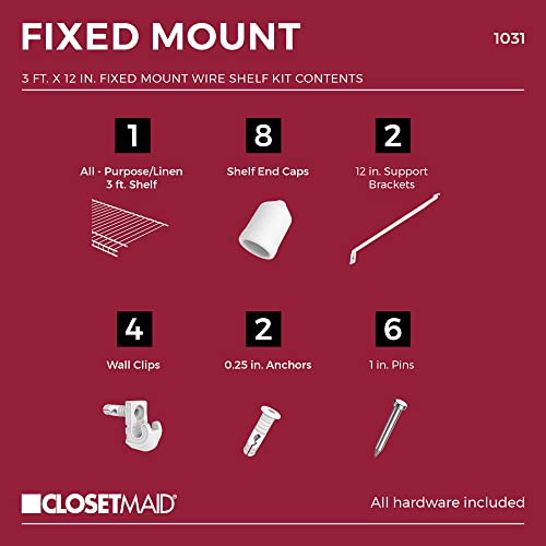 ClosetMaid Wire Shelf Kit with Hardware, 3 Ft. Wide, for Pantry, Closet, Laundry, Utility Storage, White Vinyl Finish