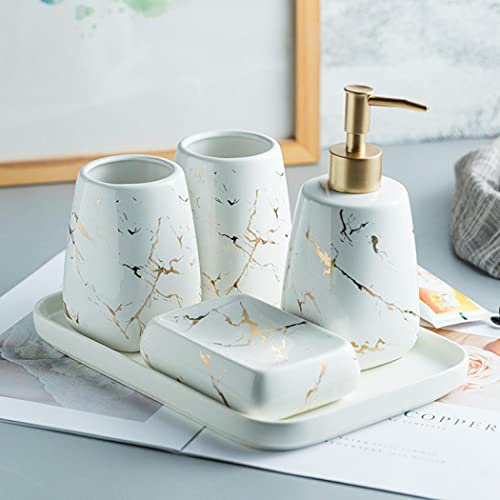 Bathroom Accessories Set Ceramic Soap Dispenser Toothbrush Holder Bathroom Tumbler Soap Dish Vanity Tray Bathroom Decor Modern Marble Print Countertop Accessory Set (Black 5-piece set)