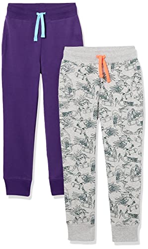 Amazon Essentials Boys' Fleece Jogger Sweatpants (Previously Spotted Zebra), Pack of 2, Grey Birds/Purple, Medium