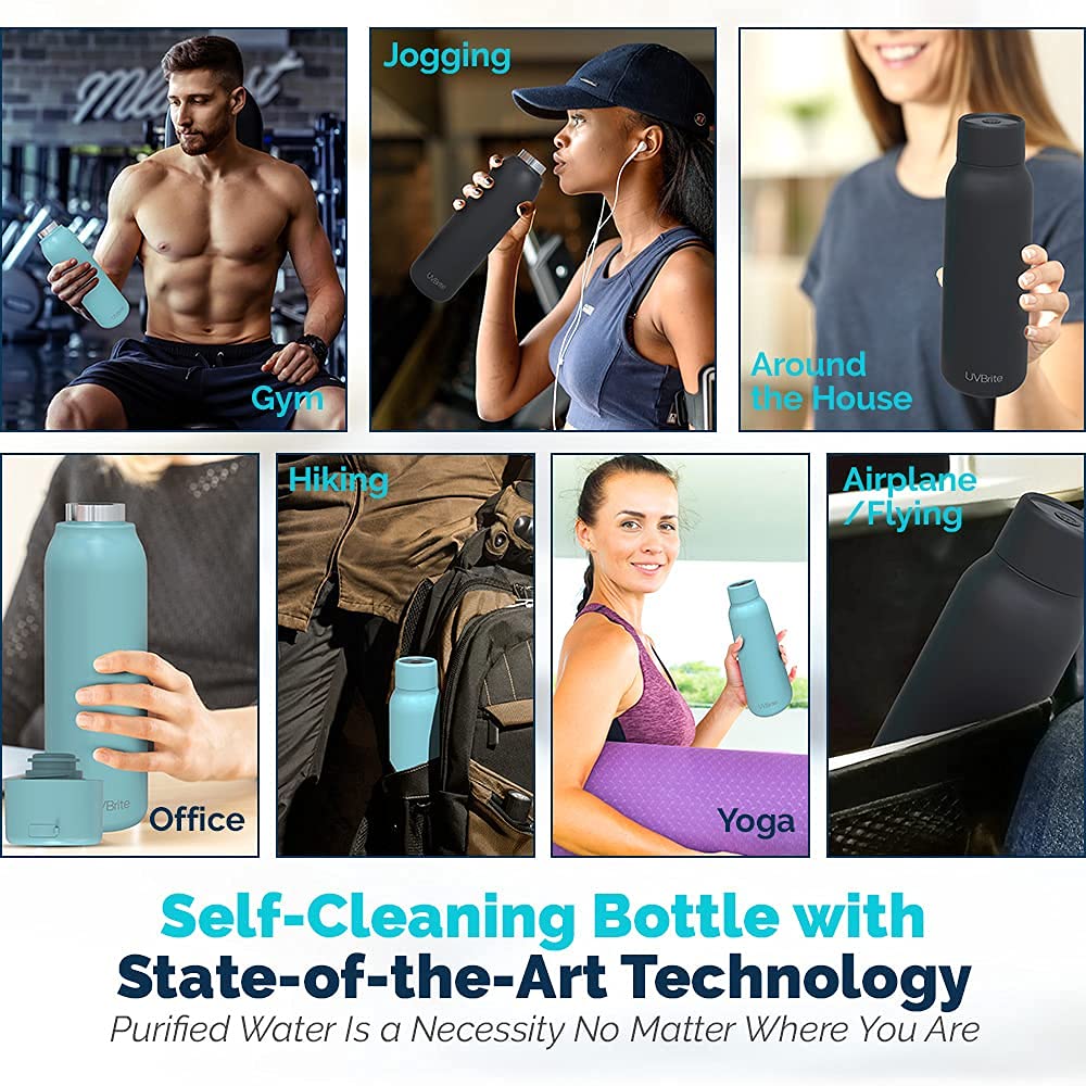 UVBRITE Go Self-Cleaning UV Water Bottle - 18.6 oz Insulated Stainless-Steel Rechargeable & Reusable Purifying Bottle - Sterilization & Travel-Friendly - BPA Free - Leakproof with Safety Lock (Cyan)