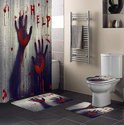 BestLives Halloween Shower Curtain Sets with Rugs Help with Bloody Hands Non-Slip Soft Toilet Lid Cover for Bathroom Zombie Themed Scary 4 Pcs Bathroom Sets with Bath Mat and 12 Hooks