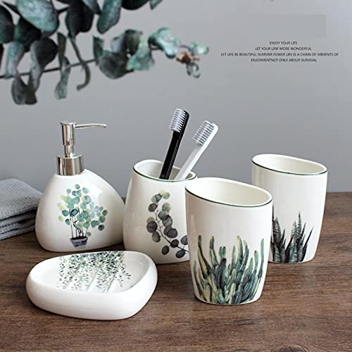 Marble Bathroom Accessories Set - 4 Piece Ceramic Bath Accessory Complete Set Luxury Bath Accessory with Soap Dispenser, Toothbrush Holder, Tumbler, Soap Dish (Green Leaf 2(4Pcs))