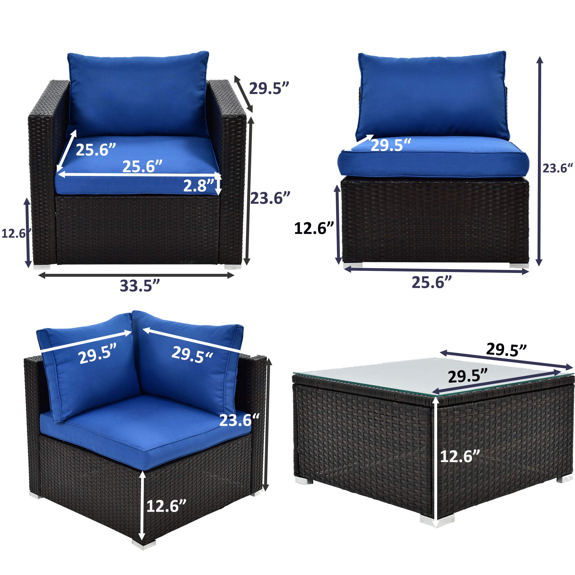 Merax Patio Furniture Sets, 6 PCS Outdoor Patio Sectional Sofa Set, All Weather PE Wicker Rattan Conversation Set with Glass Table & Cushions, Brown+Blue
