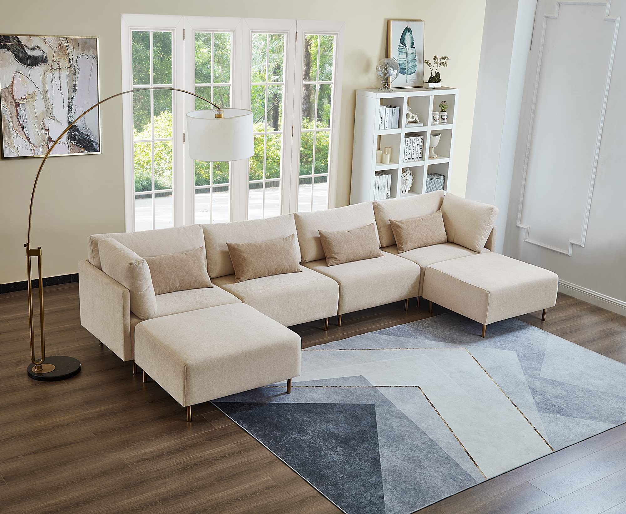 143'' U-Shaped Fabric Modular Sectional Sofa with 2 Removable Ottoman and 4 Pillows