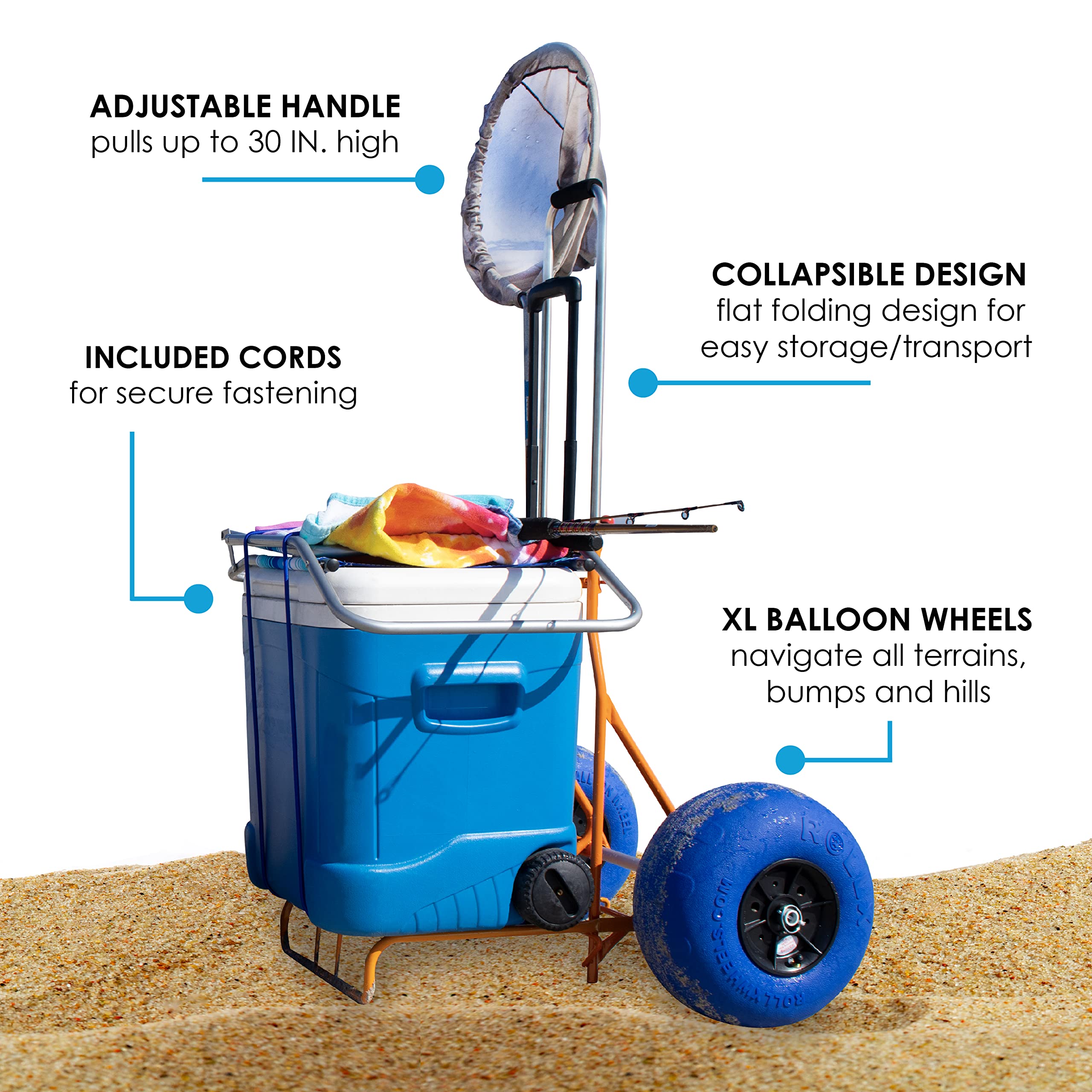 Folding Beach Cart with Balloon Wheels, Rolling Cooler Dolly with Big 13 Inch Large Sand and Beach Tires (White)