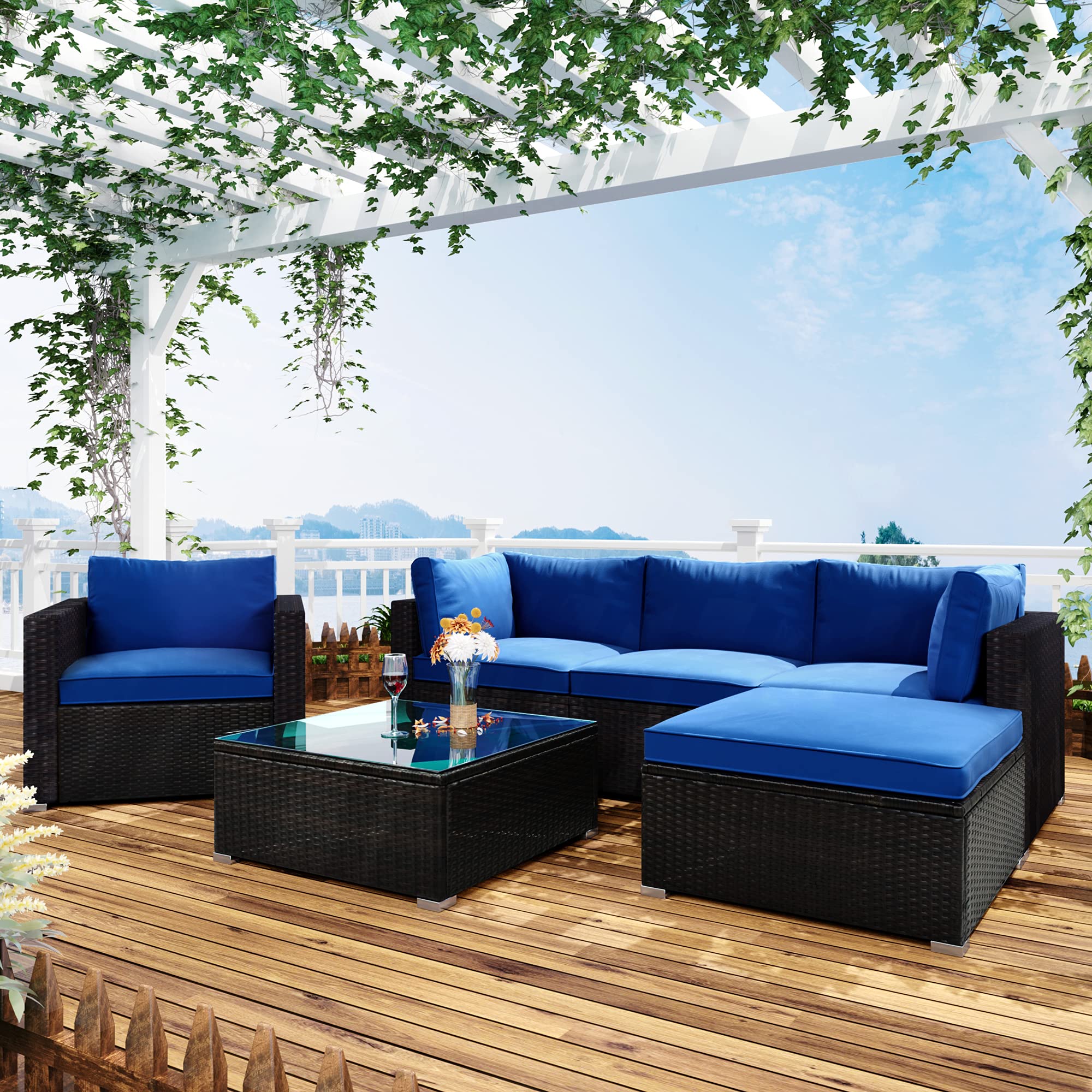 Merax Patio Furniture Sets, 6 PCS Outdoor Patio Sectional Sofa Set, All Weather PE Wicker Rattan Conversation Set with Glass Table & Cushions, Brown+Blue