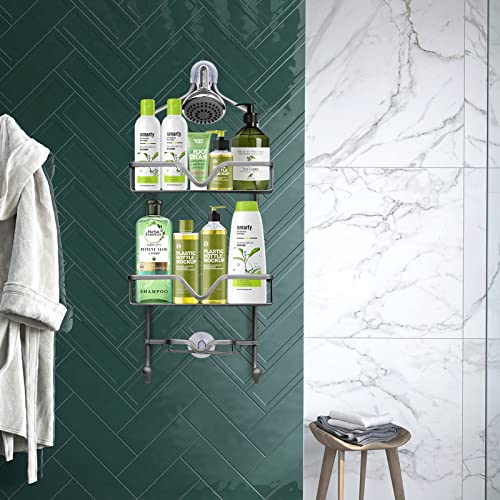 Lucalda Shower Caddy, Shower Caddy over Shower Head Bathroom Shower Hanging Caddy Aluminum, Hanging Shower Organizer over the Head Shower Rack, 2 Hooks Soap Shelf Gray, 25.2" × 10.6" × 4.3"