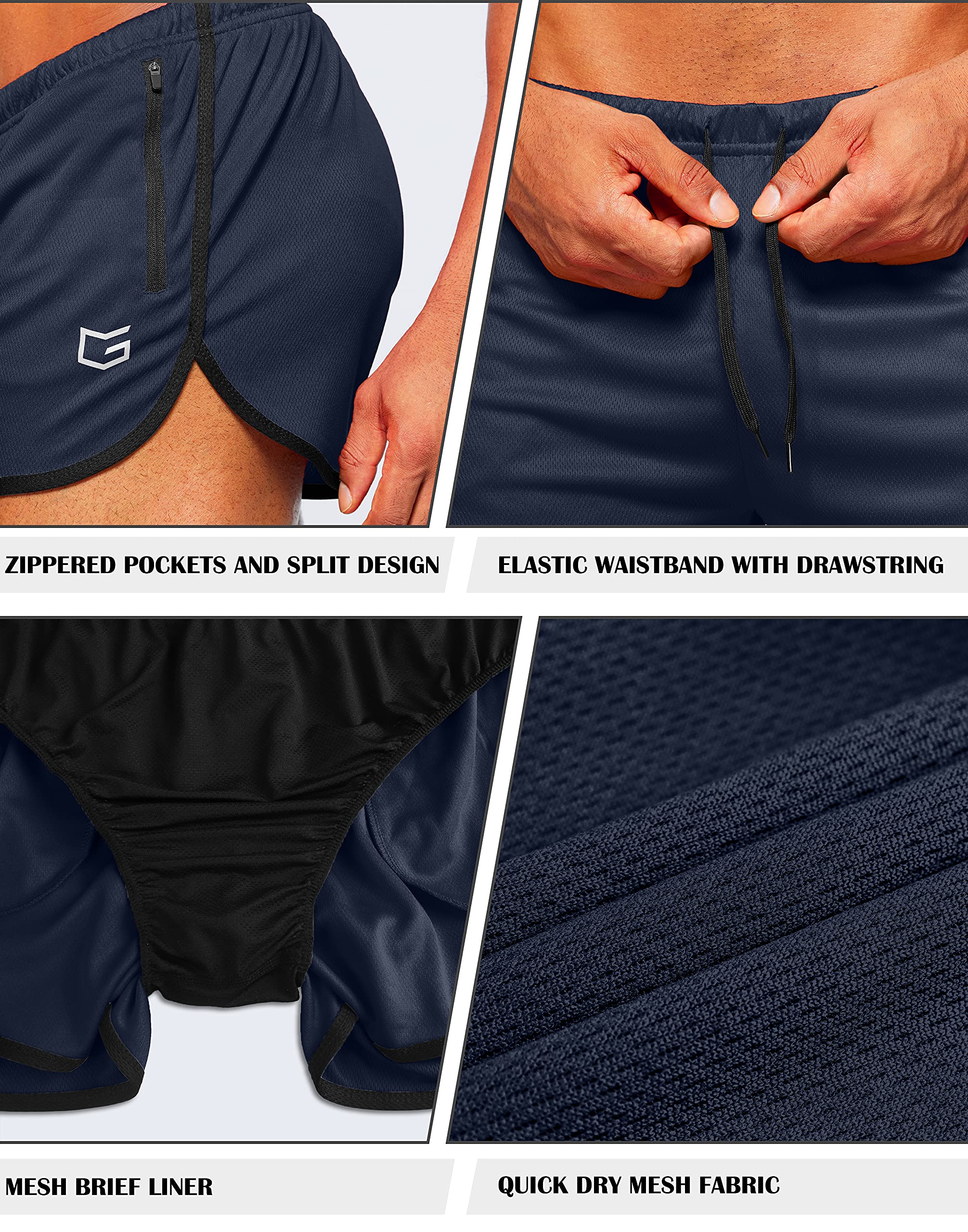 G Gradual Men's Running Shorts 3 Inch Quick Dry Gym Athletic Jogging Shorts with Zipper Pockets (Navy, X-Large)