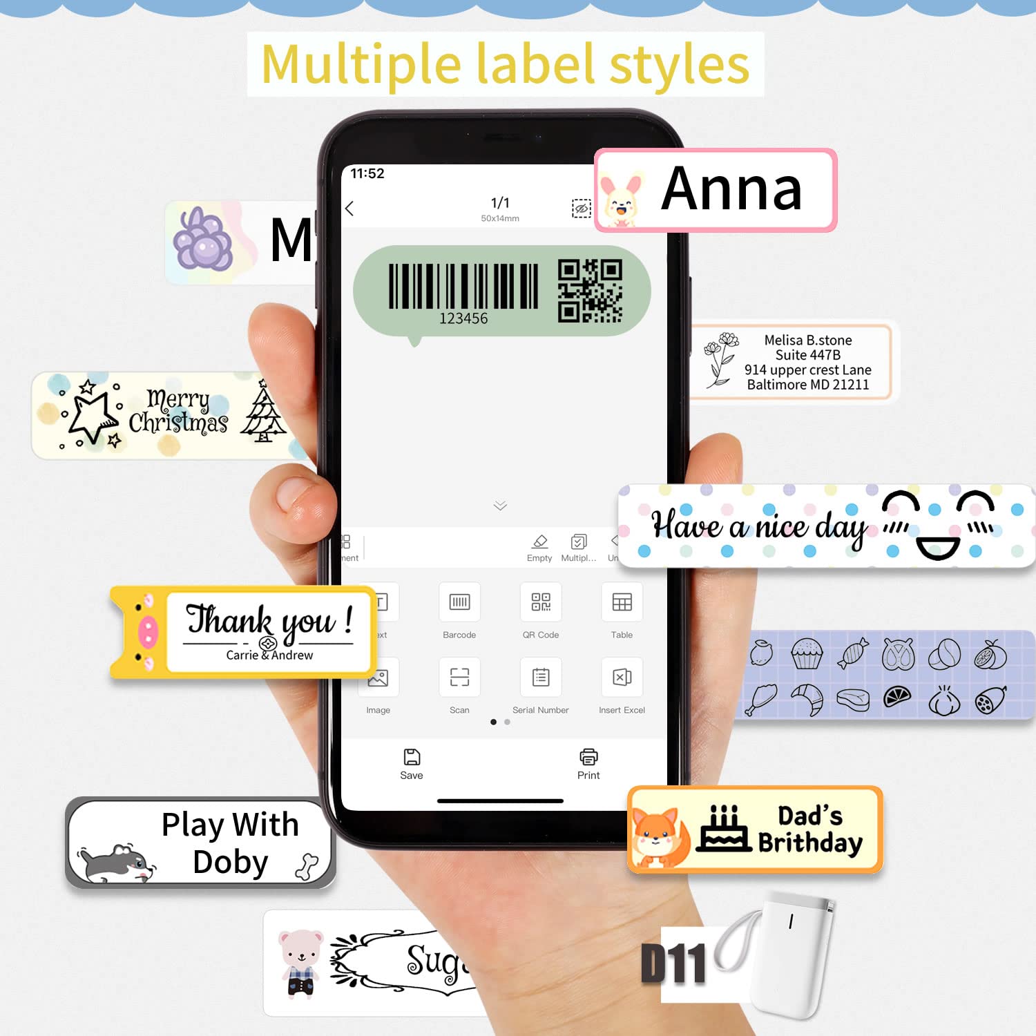Label Maker Sticker Machine-D11 Thermal Label Printer Inkless Portable Bluetooth Label Sticker Maker, Mini Bulk Printer for Business Home Office Compatible iOS Android USB Rechargeable-Black