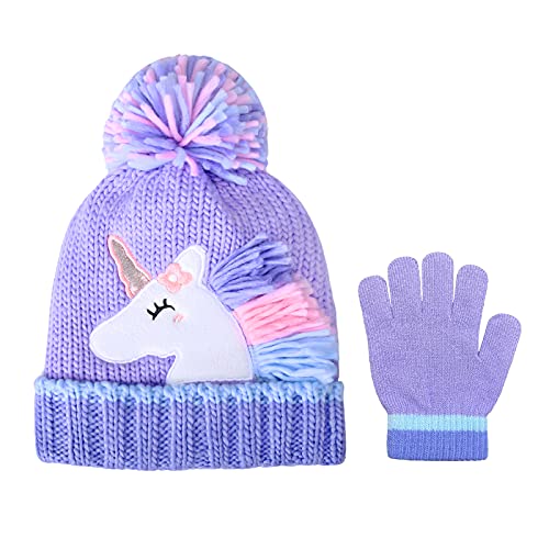 accsa Kids Knit Unicorn Beanie Hat with Gloves Girls Winter Beanie Hat with Pom Pom