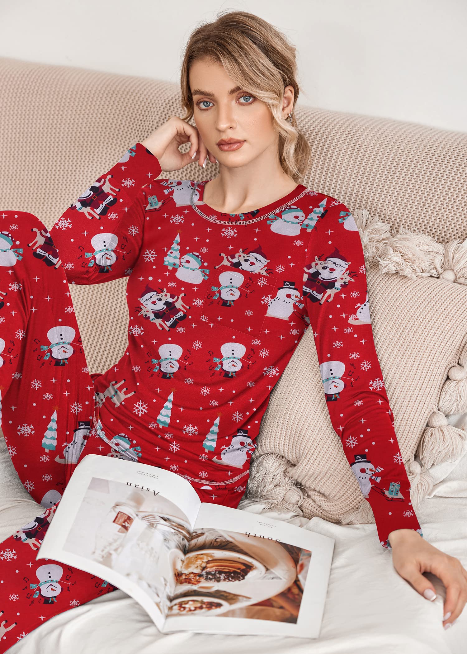Ekouaer Pajamas Women's Long Sleeve Pj Set Soft 2 Piece Loungewear Sleepwear with Jogger Pants Christmas Print,L
