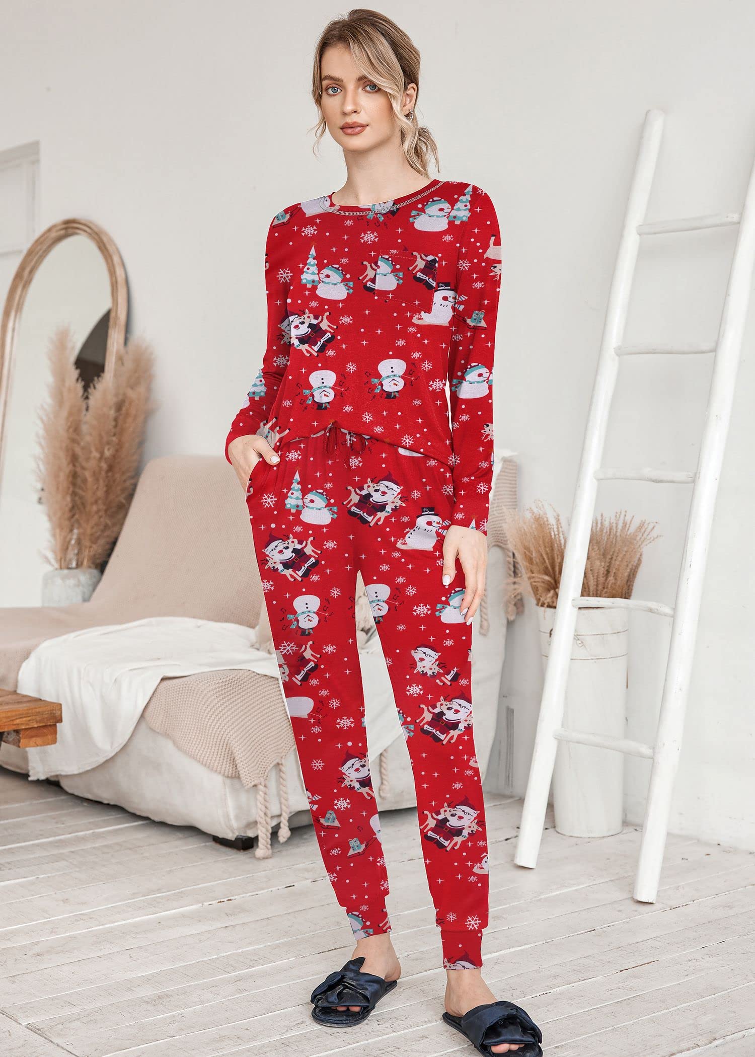 Ekouaer Pajamas Women's Long Sleeve Pj Set Soft 2 Piece Loungewear Sleepwear with Jogger Pants Christmas Print,L