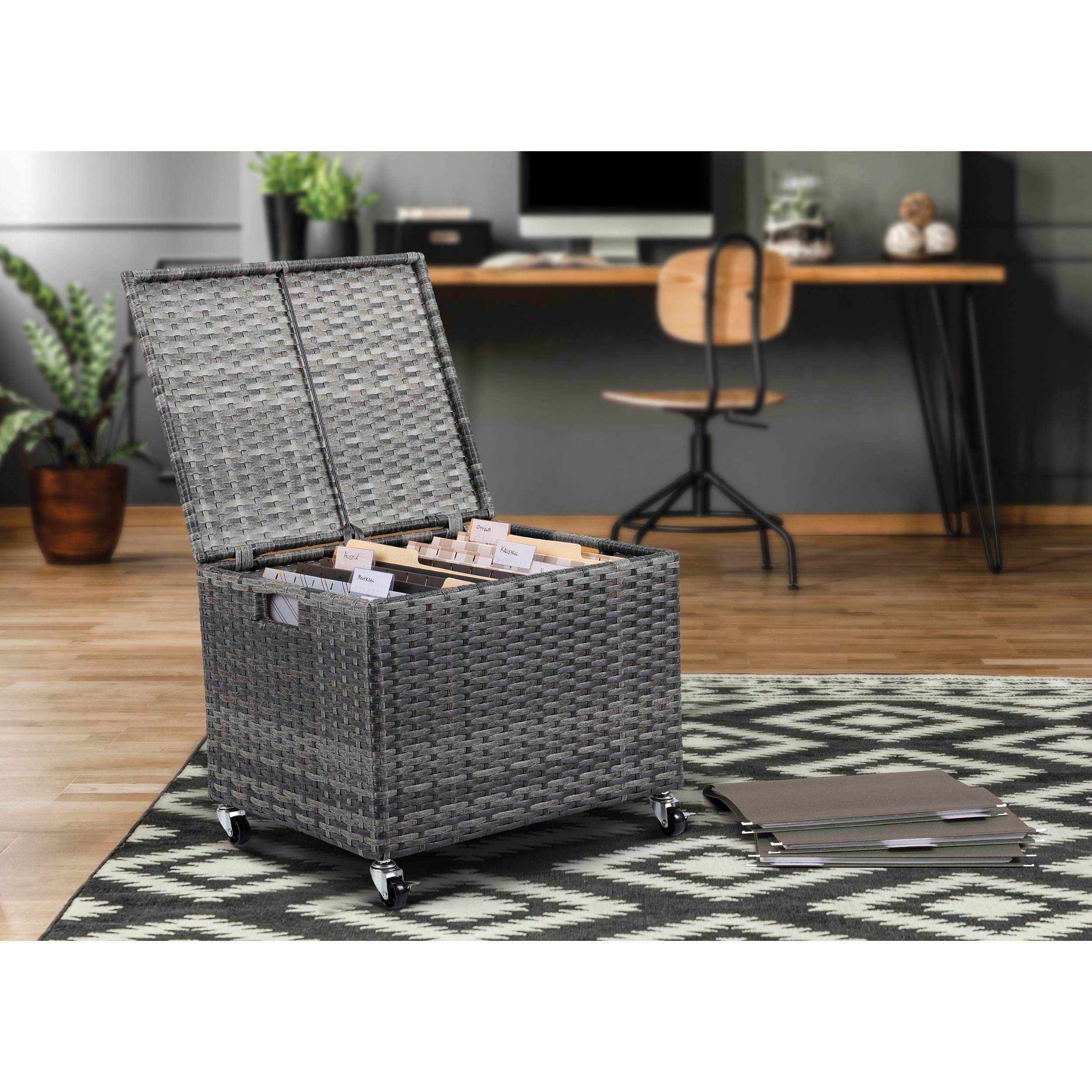 BIRDROCK HOME Rolling File Box - Storage Cabinet with Wheels - Weatherproof Rattan-Style Resin Deck Chest for Garden, Home and Office - Organize Cushions, Toys, and Accessories - Storage Box - Grey