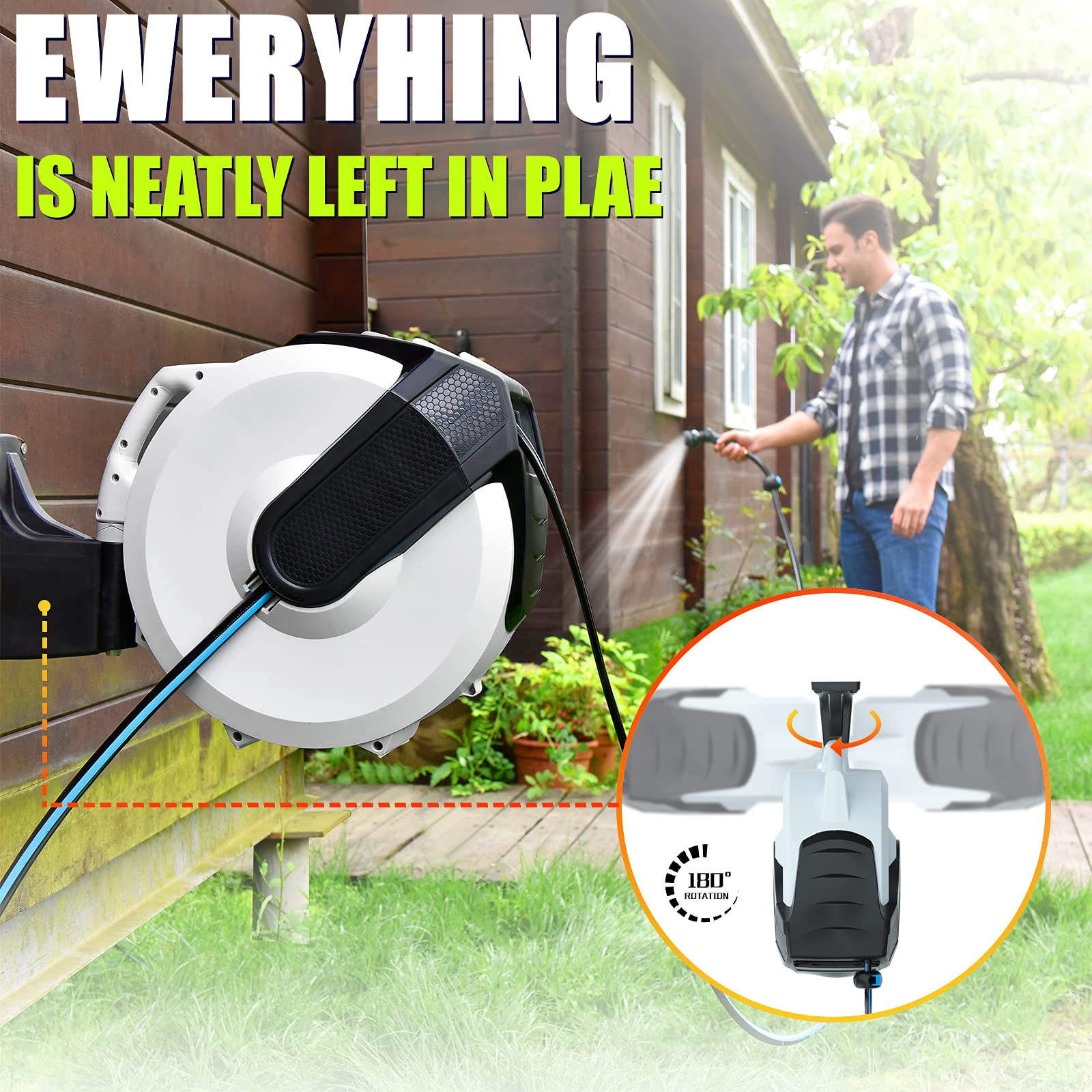 PinWheel Garden Hose Reel Wall Mount, Slow Return 5/8 Inch × 100 + 6 FT Retractable Water Hose Reel Automatic Rewind with Any Length Lock, 9 Pattern Hose Nozzle, 180° Swivel Bracket