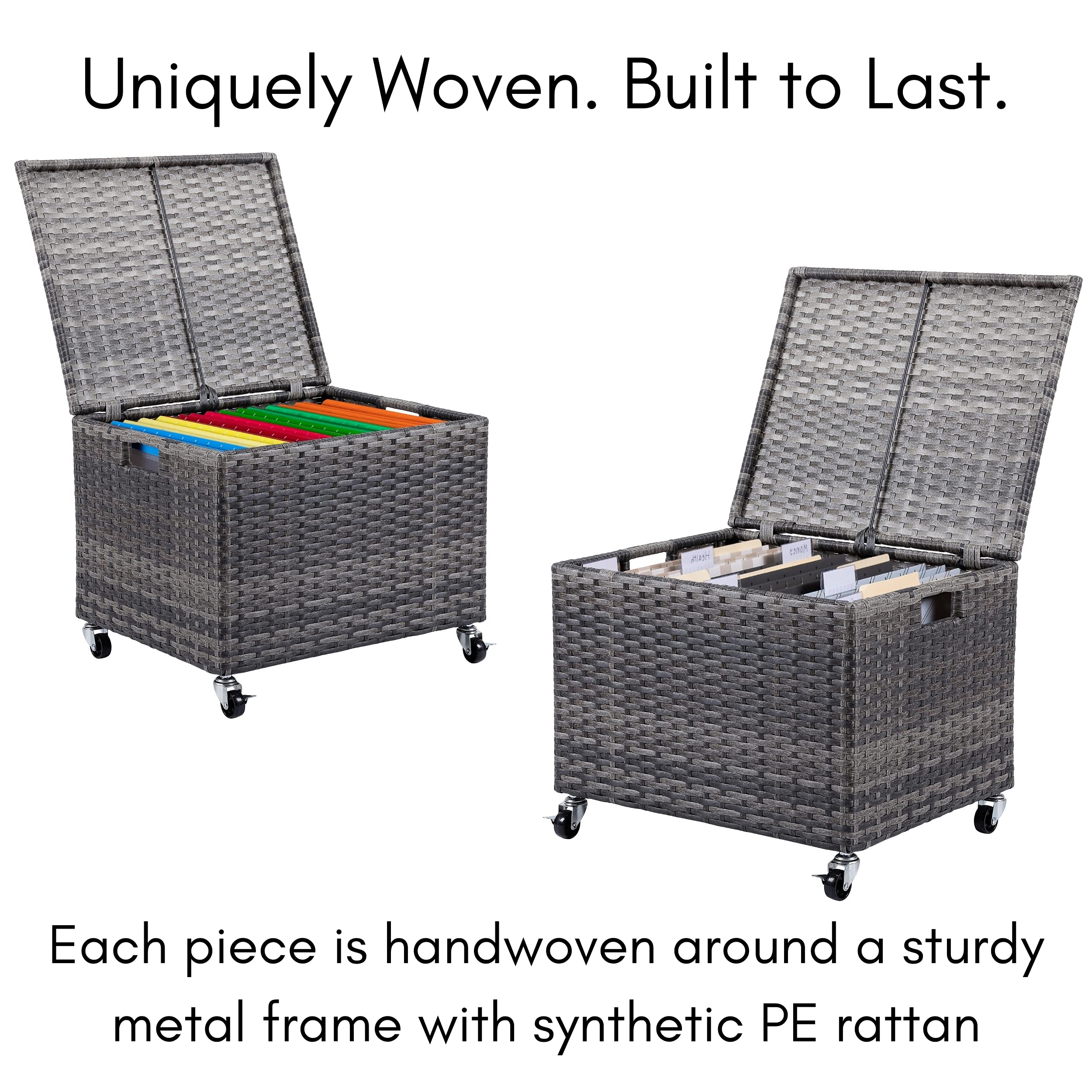 BIRDROCK HOME Rolling File Box - Storage Cabinet with Wheels - Weatherproof Rattan-Style Resin Deck Chest for Garden, Home and Office - Organize Cushions, Toys, and Accessories - Storage Box - Grey
