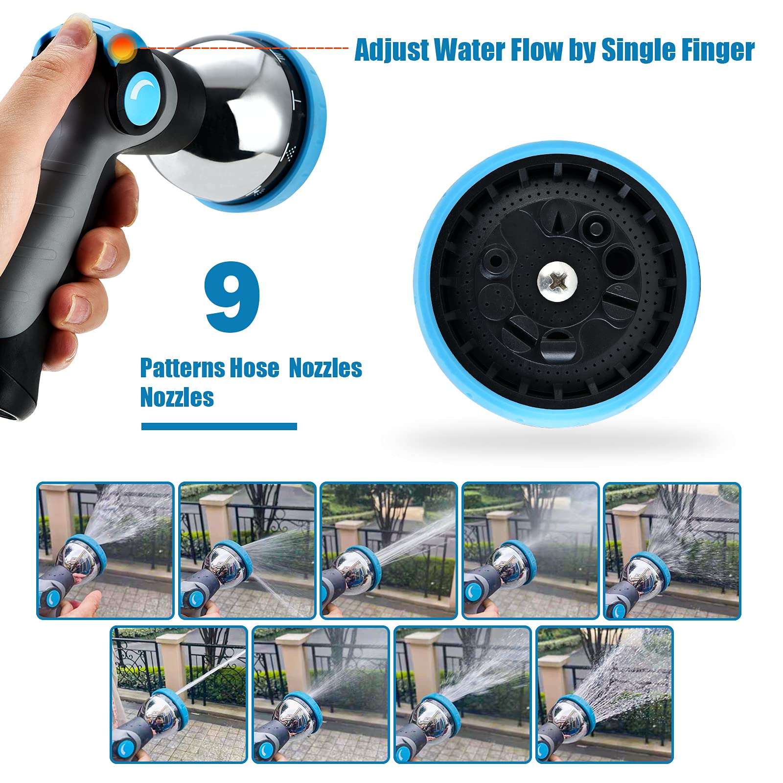 PinWheel Garden Hose Reel Wall Mount, Slow Return 5/8 Inch × 100 + 6 FT Retractable Water Hose Reel Automatic Rewind with Any Length Lock, 9 Pattern Hose Nozzle, 180° Swivel Bracket