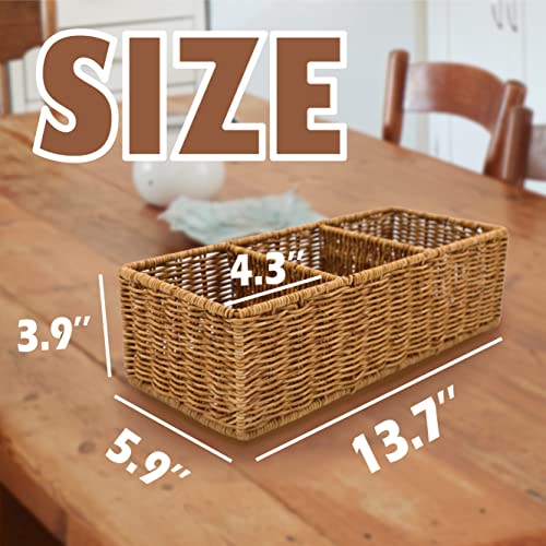 myHomeBody Wicker Basket With 3 Compartments | Woven Baskets for Organizing | Storage Basket, Toilet Tank Basket | Bathroom Counter Organizer, Bedroom Organization | Tan, 1pc