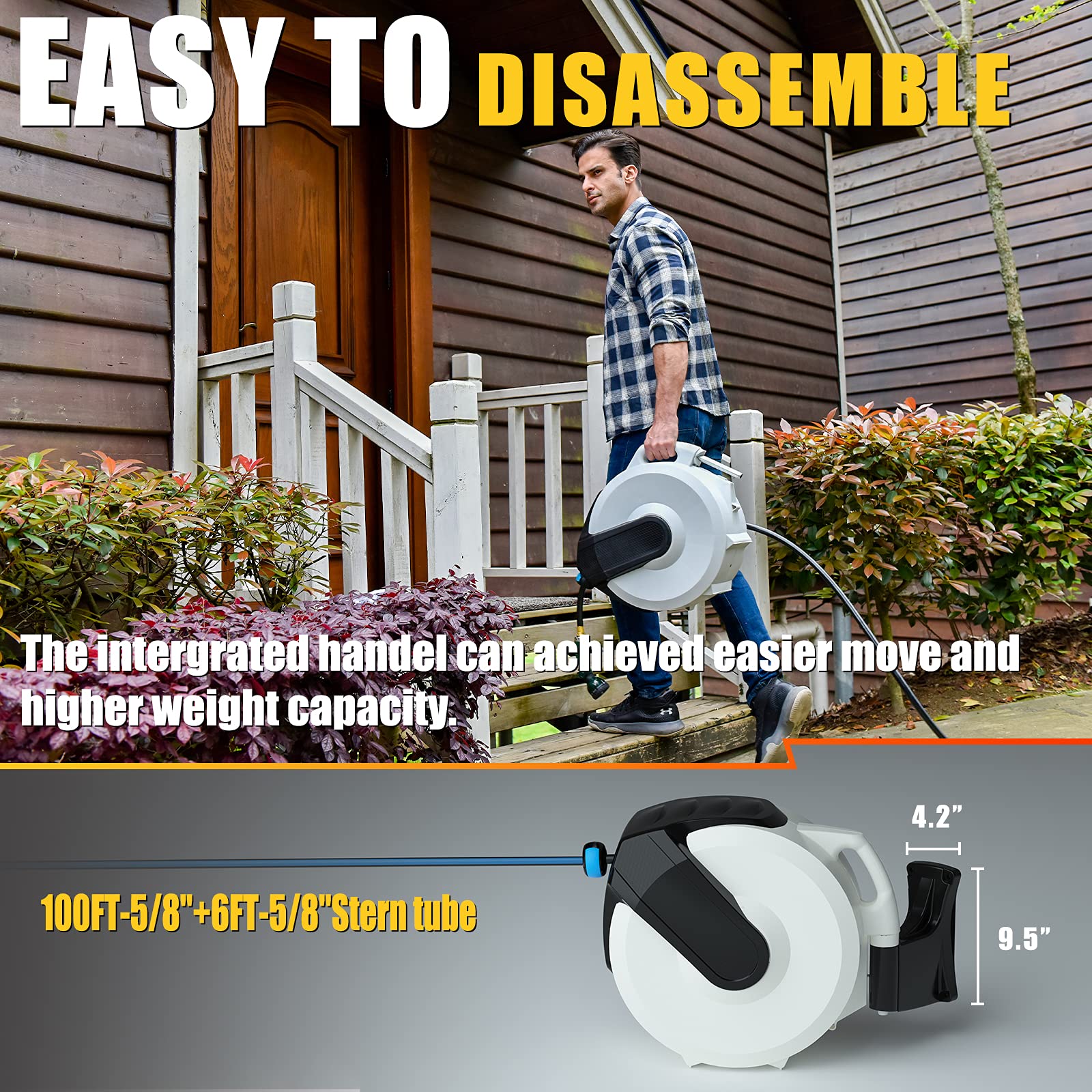 PinWheel Garden Hose Reel Wall Mount, Slow Return 5/8 Inch × 100 + 6 FT Retractable Water Hose Reel Automatic Rewind with Any Length Lock, 9 Pattern Hose Nozzle, 180° Swivel Bracket