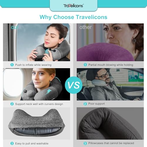 Travelicons Inflatable Travel Pillow,Neck Pillow for Traveling,Airplane Travel Pillw Improved Support Design for Car Sleeping