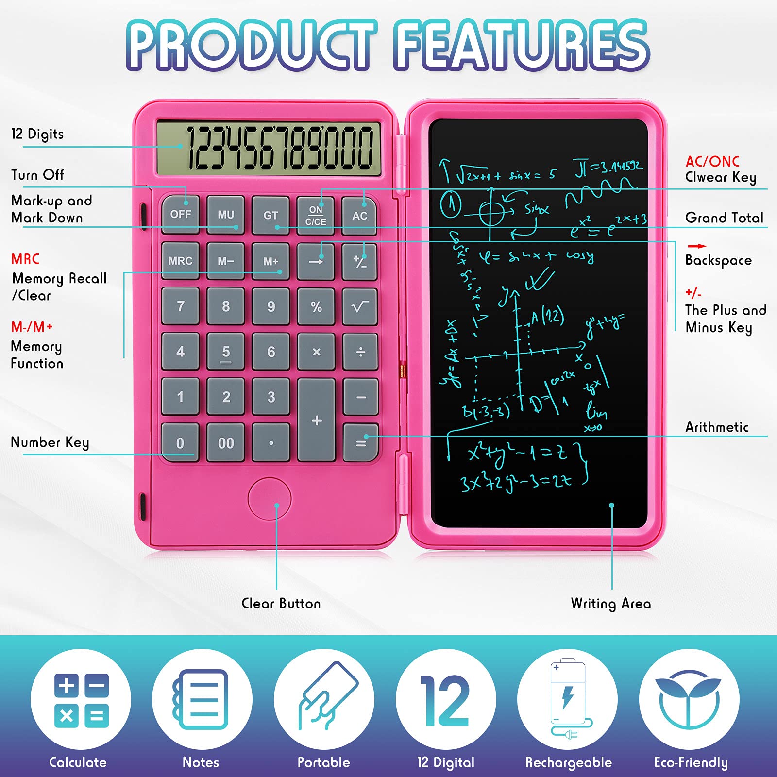 Hion Calculator,12-Digit Large Display Office Desk Calcultors with Erasable Writing Table,Rechargeable Hand held Multi-Function Mute Pocket Desktop Calculator for Basic Financial Home School (Pink)