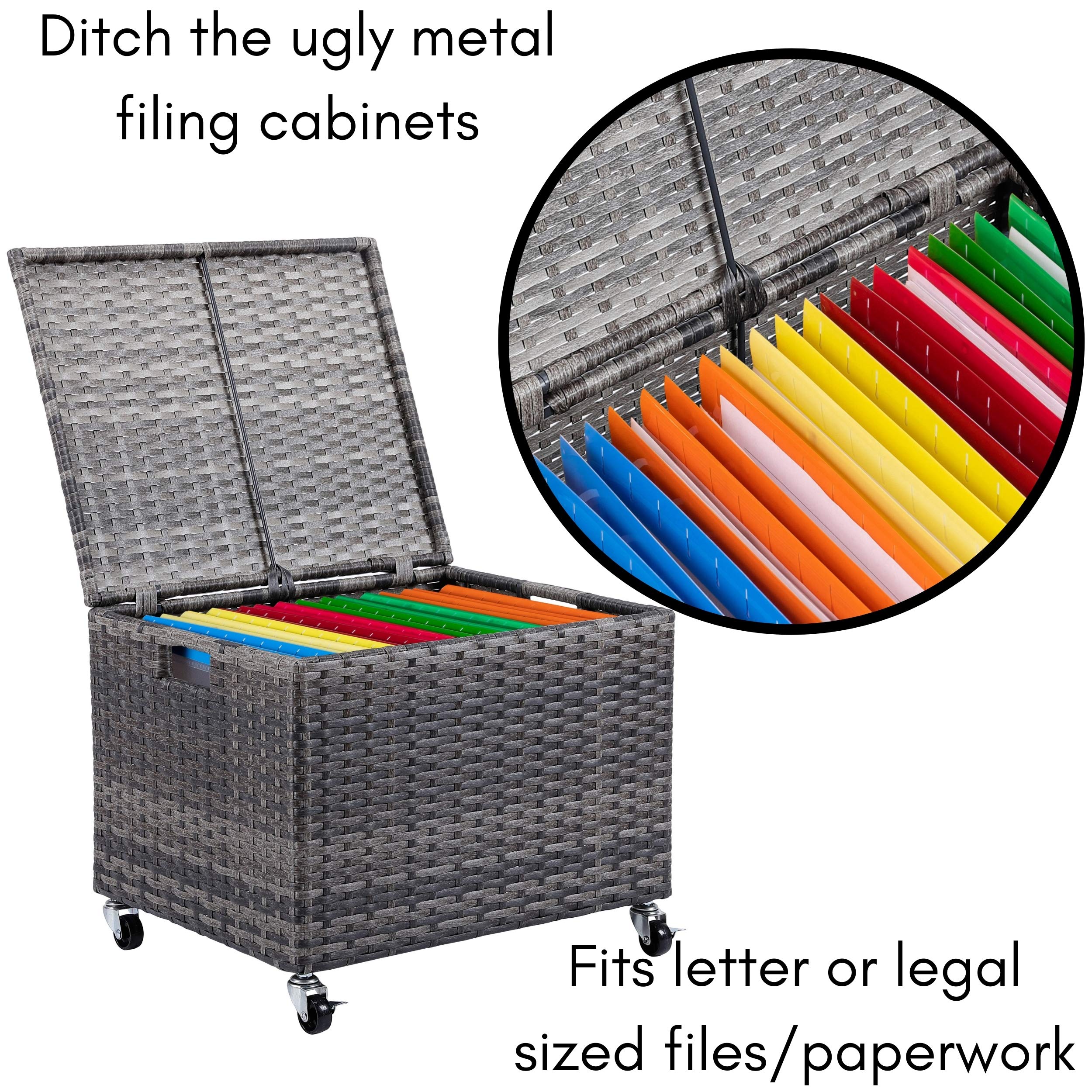 BIRDROCK HOME Rolling File Box - Storage Cabinet with Wheels - Weatherproof Rattan-Style Resin Deck Chest for Garden, Home and Office - Organize Cushions, Toys, and Accessories - Storage Box - Grey