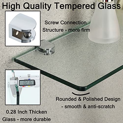 SAYAYO Floating Glass Shelves for Bathroom, 15 x 5 Inch Chrome Tempered Glass Shelf for Wall 1 Pack, Clear