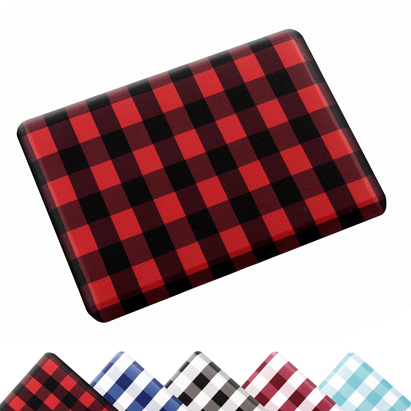 Carvapet Buffalo Plaid Kitchen Mat Cushioned Anti Fatigue Comfort Floor Mat Waterproof Non-Slip Kitchen Foam Rug Ergonomic Standing Mat for Home Kitchen Office Laundry, Black & Red,17.3"x28"