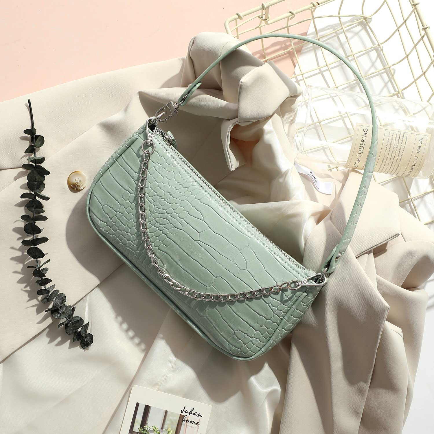 Loiral Shoulder Bags for Women, Retro Classic Tote HandBag Crocodile Pattern Clutch Purse with Zipper Closure, Light Green
