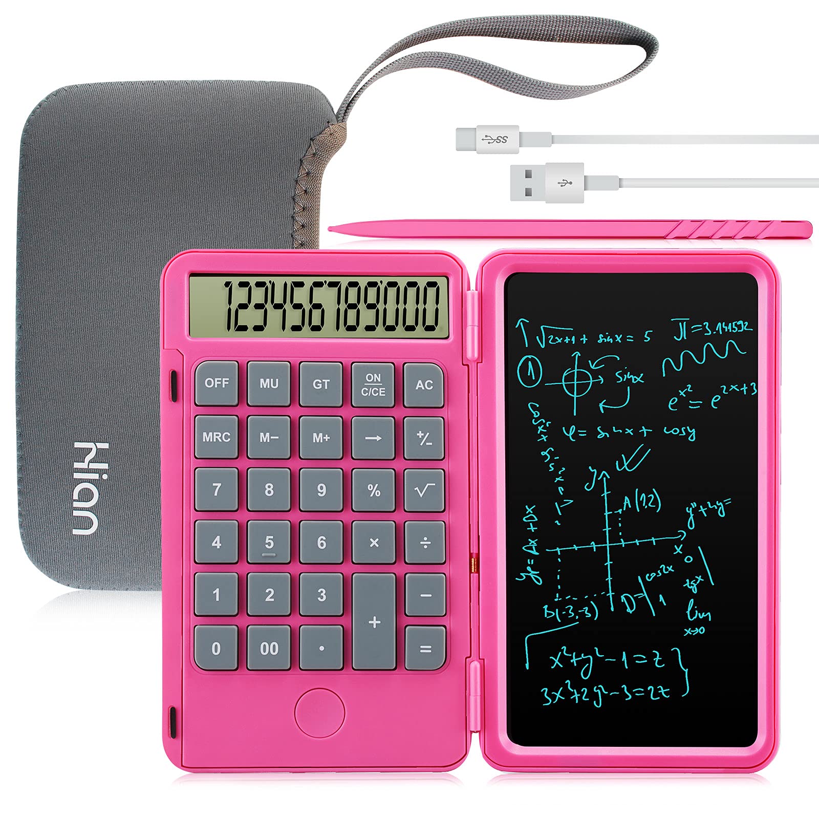 Hion Calculator,12-Digit Large Display Office Desk Calcultors with Erasable Writing Table,Rechargeable Hand held Multi-Function Mute Pocket Desktop Calculator for Basic Financial Home School (Pink)