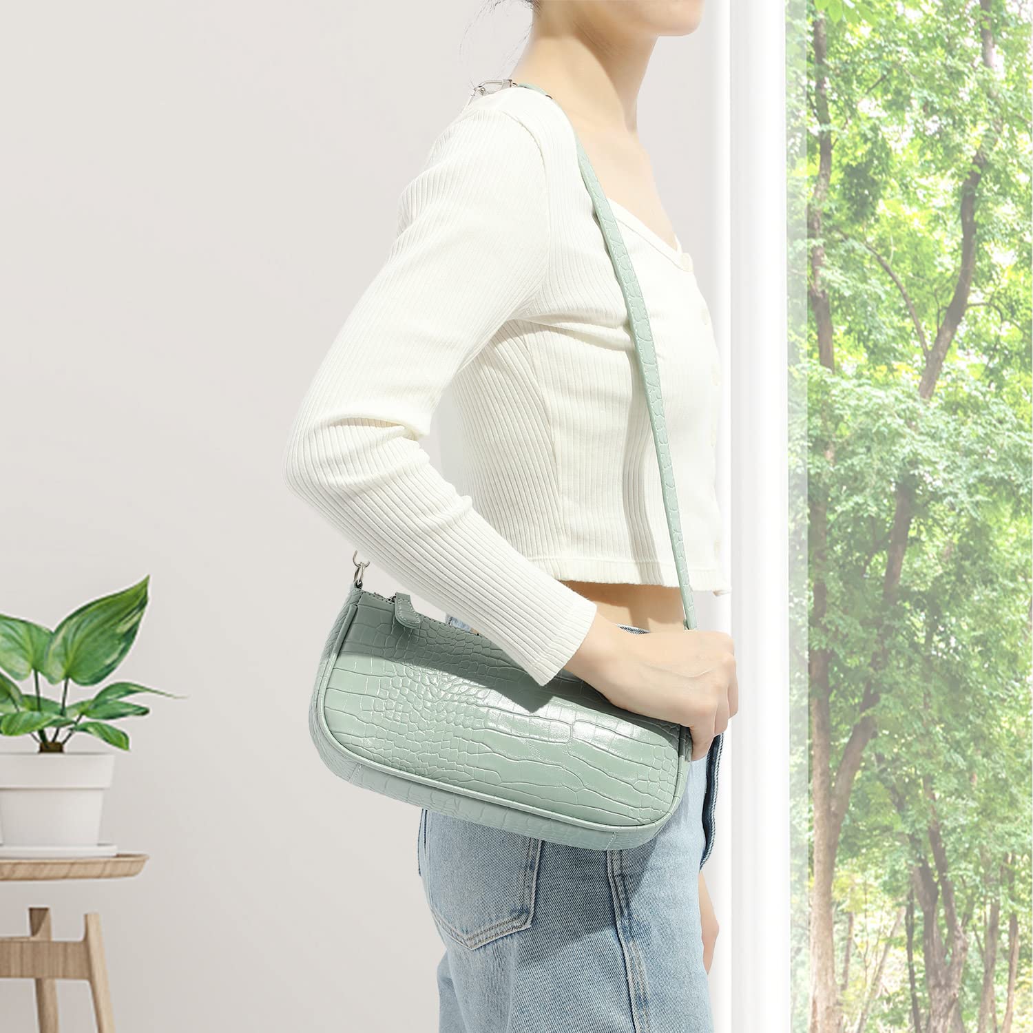 Loiral Shoulder Bags for Women, Retro Classic Tote HandBag Crocodile Pattern Clutch Purse with Zipper Closure, Light Green