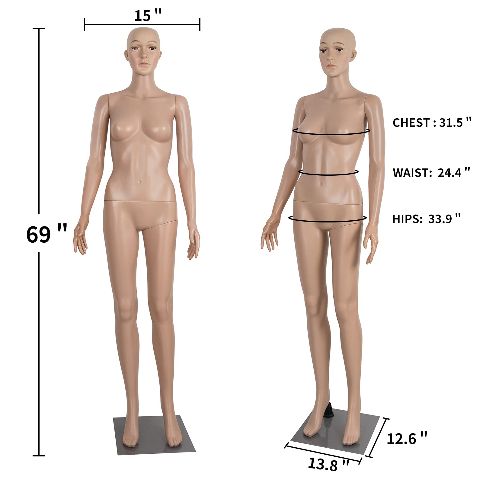 Female Mannequin Full Body Adjustable Mannequin Torso Dress Form with Metal Base 69inches