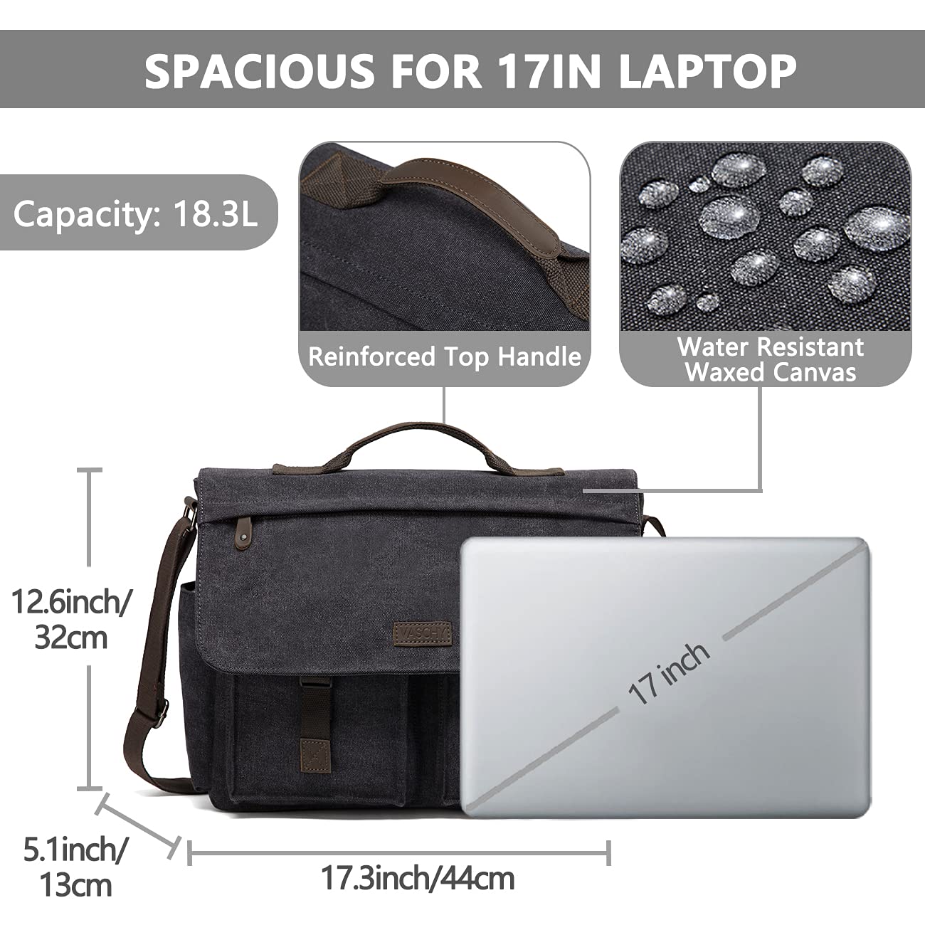 VASCHY 17inch Laptop Messenger Bag, Men's Vintage Water Resistant Canvas Satchel Briefcase Shoulder Bag for Work with Padded Shoulder Strap Gray