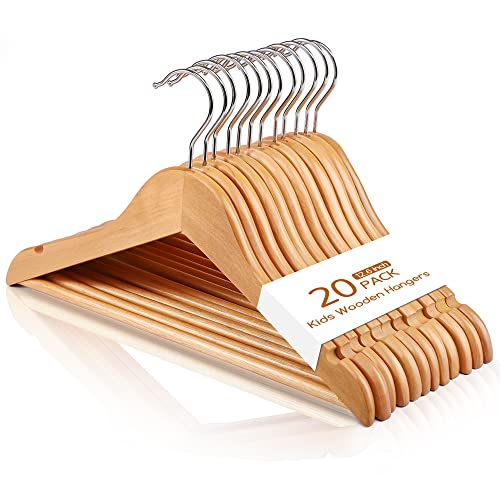 CozyMood Childrens Wooden Hangers Kids Hangers, 20 Pack Baby Hangers Nursery Wood Hangers, 360° Swivel Hook Non Slip Coat Hanger for for Coats, Suits, Pants and Jackets (Natural)