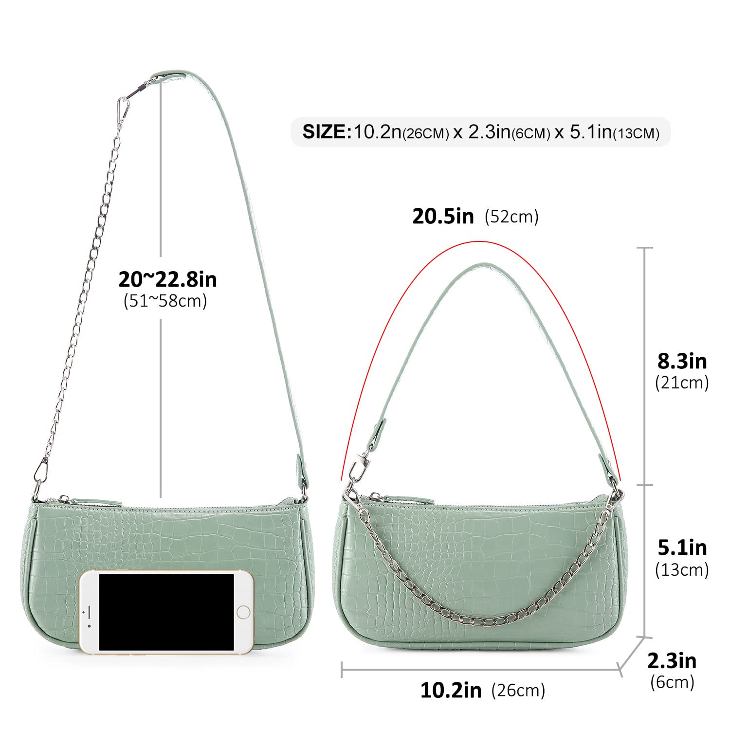 Loiral Shoulder Bags for Women, Retro Classic Tote HandBag Crocodile Pattern Clutch Purse with Zipper Closure, Light Green
