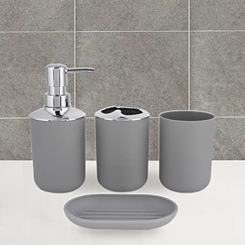 Jaugufiy Bathroom Accessory Set of 4, with Soap Dispenser Pump Bottle Toothbrush and Toopaste Holder Toothbrush Cup Soap Tray (Grey)